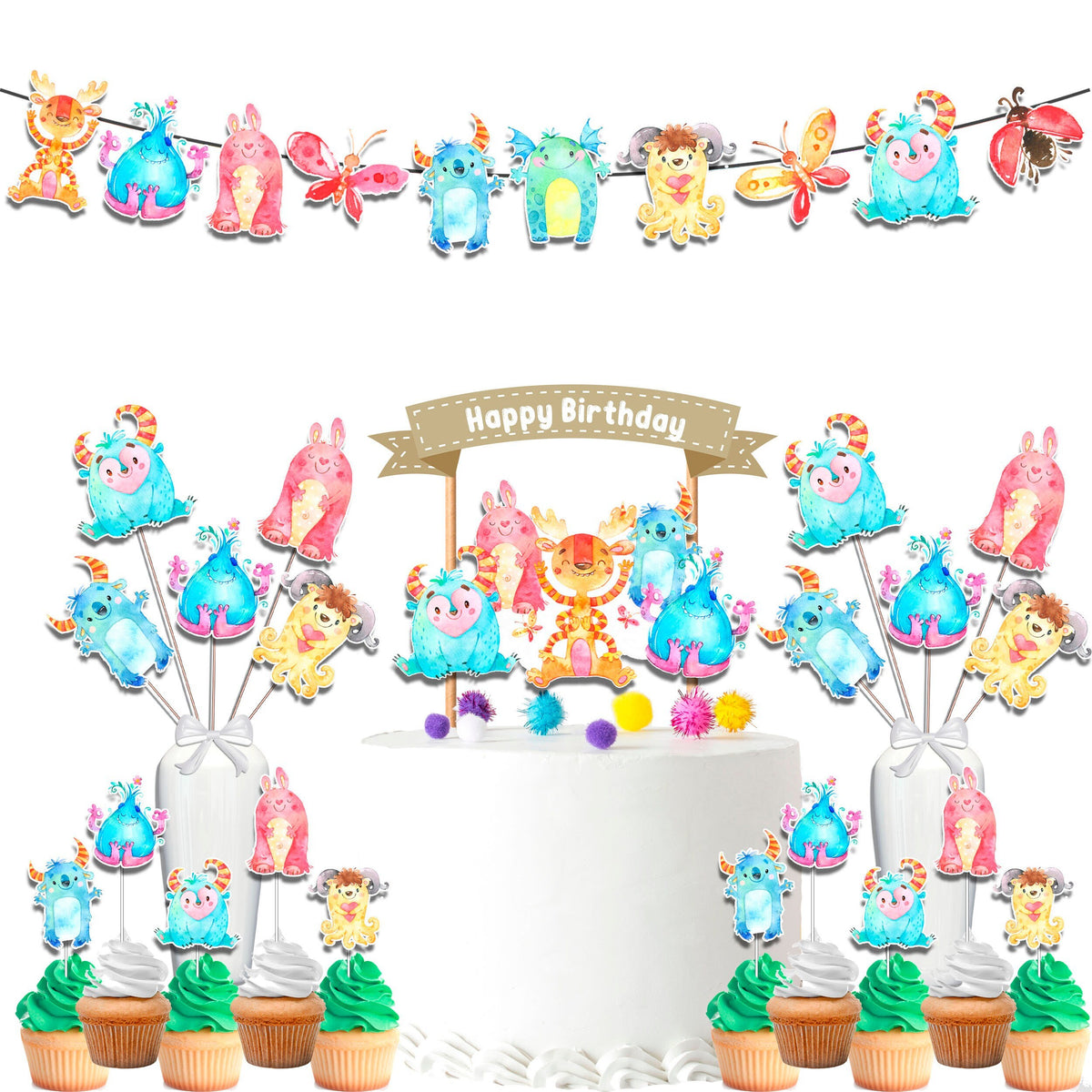 Whimsical Monster Bash Birthday Party Decor Set - Playful Cake Topper ...