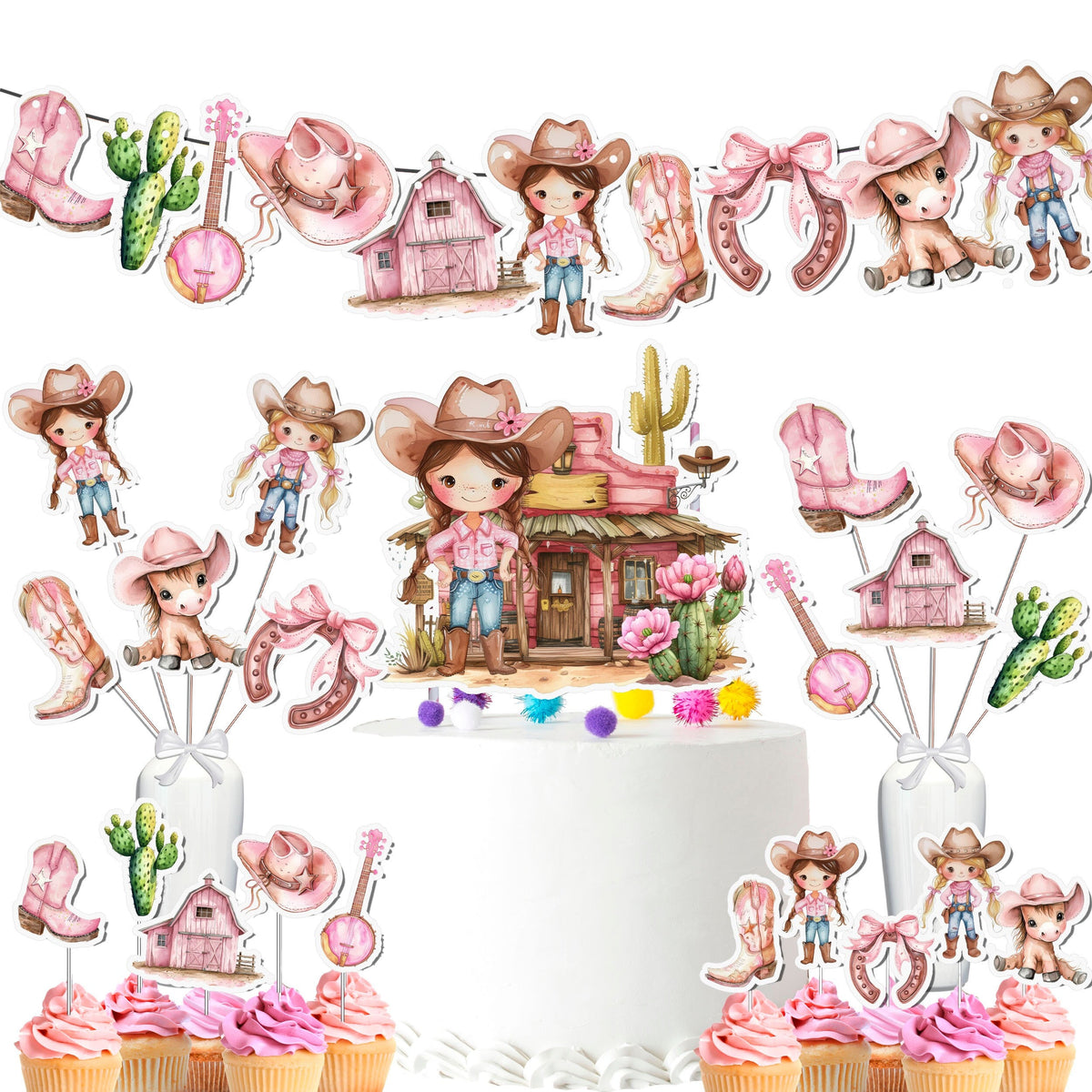 Pink Cowgirl Party Decor Set - Complete with Cake Topper, Cupcake Topp ...