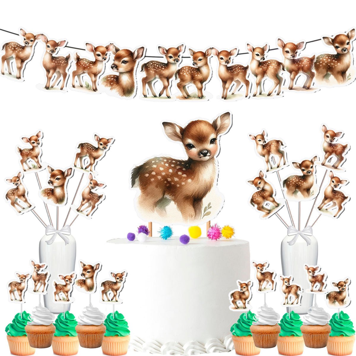 Woodland Deer Birthday Party Decor Set - Graceful Cake Topper, Cupcake ...